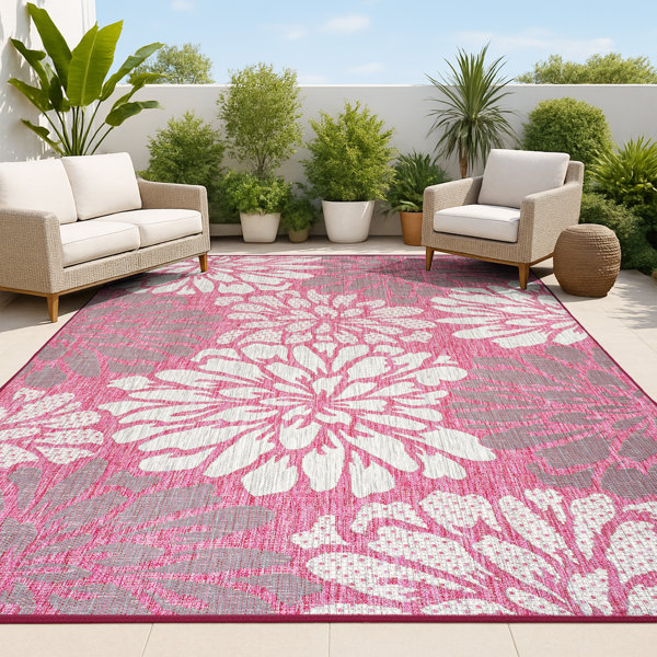 Red Barrel Studio® Zinnia Modern Floral Textured Weave Fuchsia/Light Grey Indoor/Outdoor Rug ...